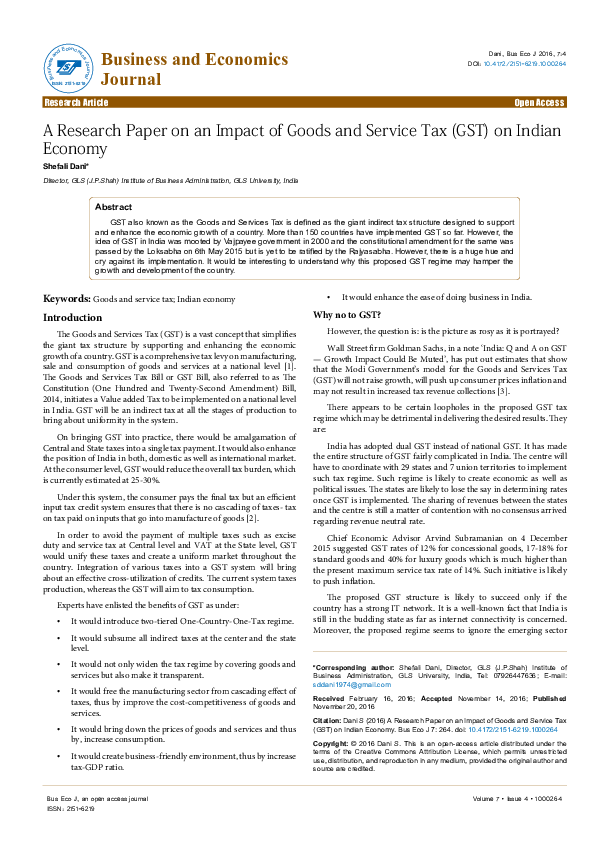 (PDF) A Research Paper on an Impact of Goods and Service Tax (GST) on ...
