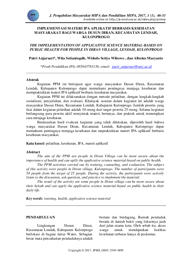 (PDF) Implementasi Materi Ipa Aplikatif Berbasis Kesehatan Masyarakat Bagi Warga Dusun Diran ...