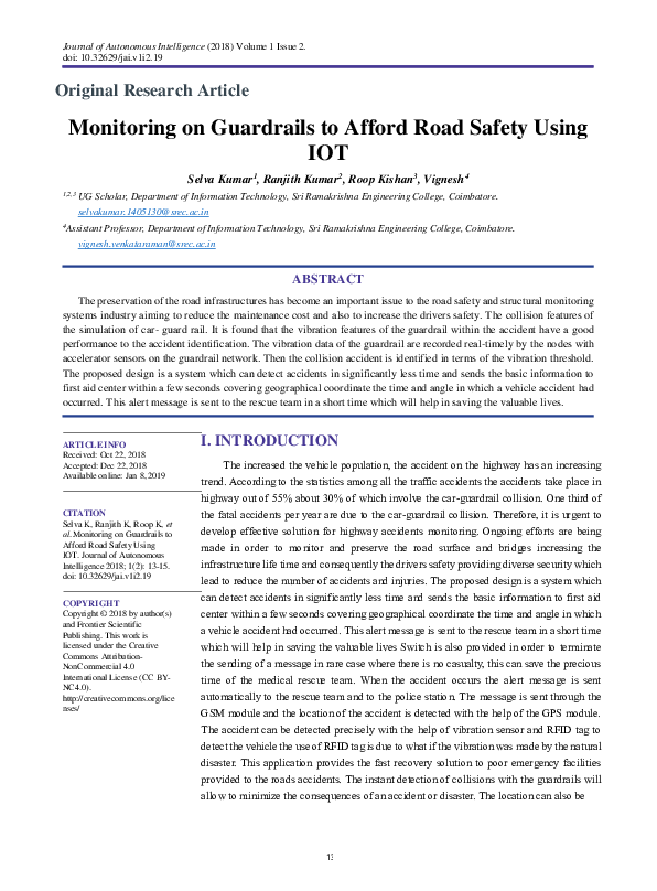(PDF) Monitoring on Guardrails to Afford Road Safety Using Iot