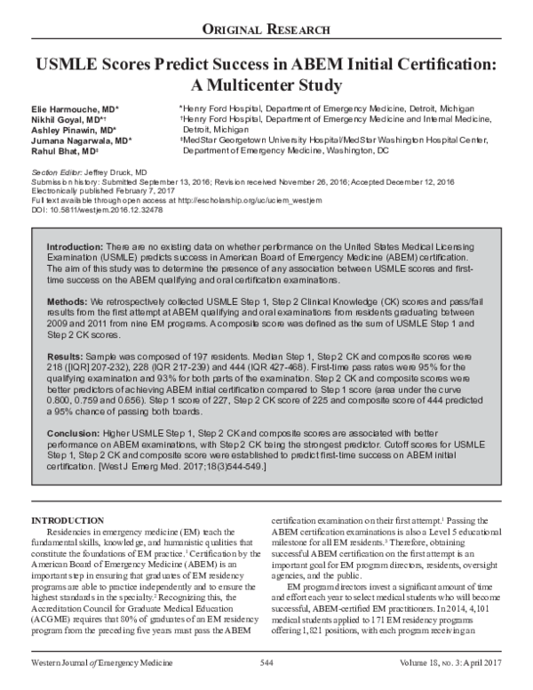 (PDF) USMLE Scores Predict Success in ABEM Initial Certification: A Multicenter Study