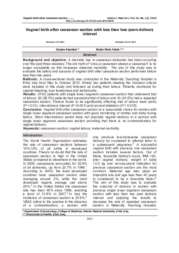 Pdf Vaginal Birth After Caesarean Section With Less Than Two Years