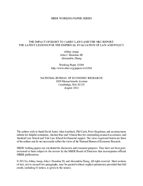 (PDF) Nber Working Paper Series the Impact of Right to Carry Laws and ...