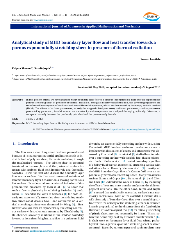 (PDF) Analytical study of MHD boundary layer flow and heat transfer towards a porous ...
