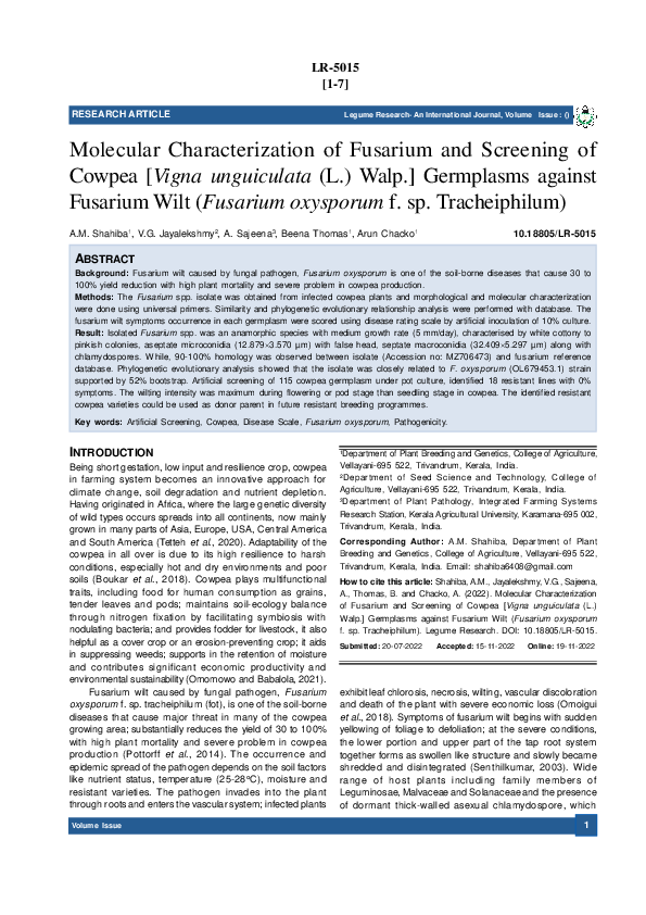 Pdf Molecular Characterization Of Fusarium And Screening Of Cowpea [vigna Unguiculata L