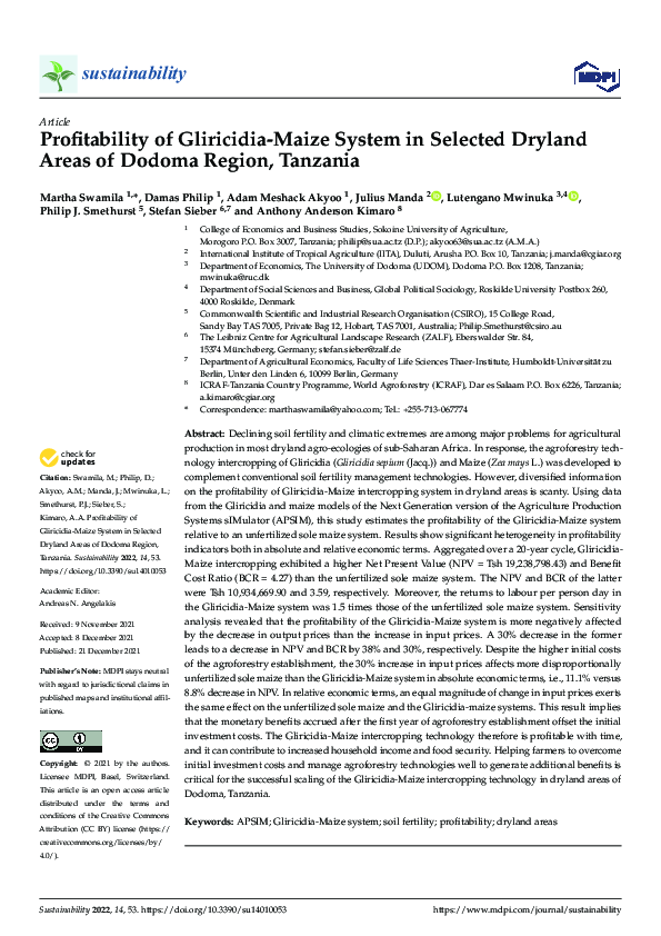 (PDF) Profitability of Gliricidia-Maize System in Selected Dryland Areas of Dodoma Region, Tanzania
