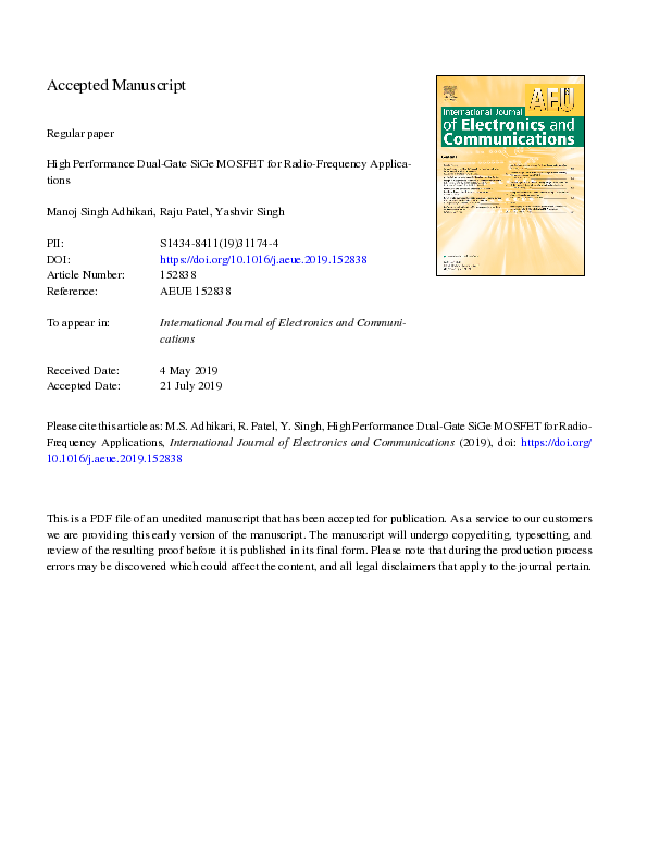 Pdf High Performance Dual Gate Sige Mosfet For Radio Frequency