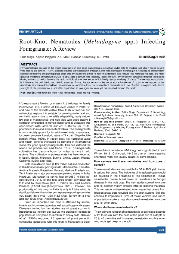 (PDF) Root-Knot Nematodes (Meloidogyne spp.) Infecting Pomegranate: A ...