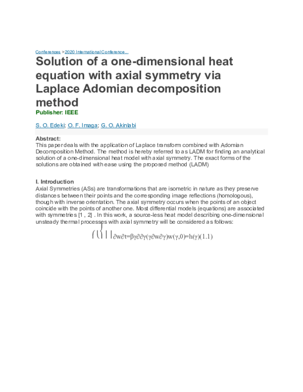 Pdf Solution Of A One Dimensional Heat Equation With Axial Symmetry