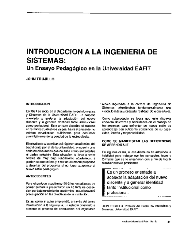 (PDF) INTRODUCCIÓN A LA INGENIERIA DE SISTEMAS: Un Ensayo Pedagógico En La Universidad EAFIT