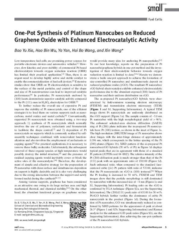 (PDF) One-Pot Synthesis of Platinum Nanocubes on Reduced Graphene Oxide with Enhanced ...