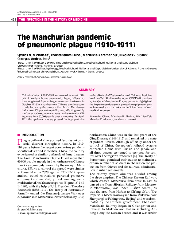 (PDF) The Manchurian pandemic of pneumonic plague (1910-1911)