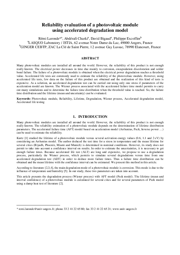 (PDF) Reliability evaluation of a photovoltaic module using accelerated degradation model