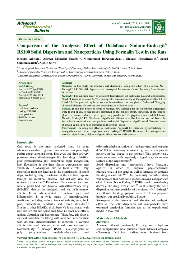 Pdf Comparison Of The Analgesic Effect Of Diclofenac Sodium Eudragit ® Rs100 Solid Dispersion