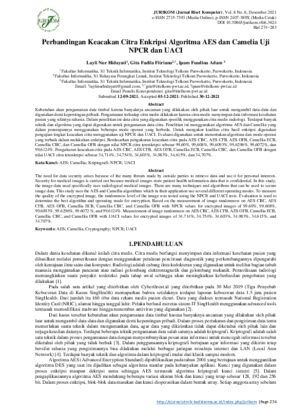 (PDF) Perbandingan Keacakan Citra Enkripsi Algoritma AES dan Camelia Uji NPCR dan UACI