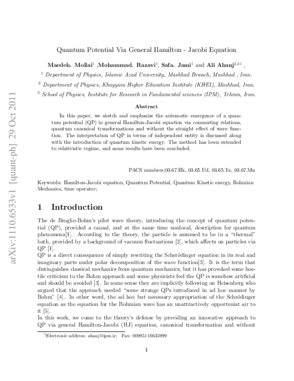 (PDF) Quantum Potential Via General Hamilton - Jacobi Equation