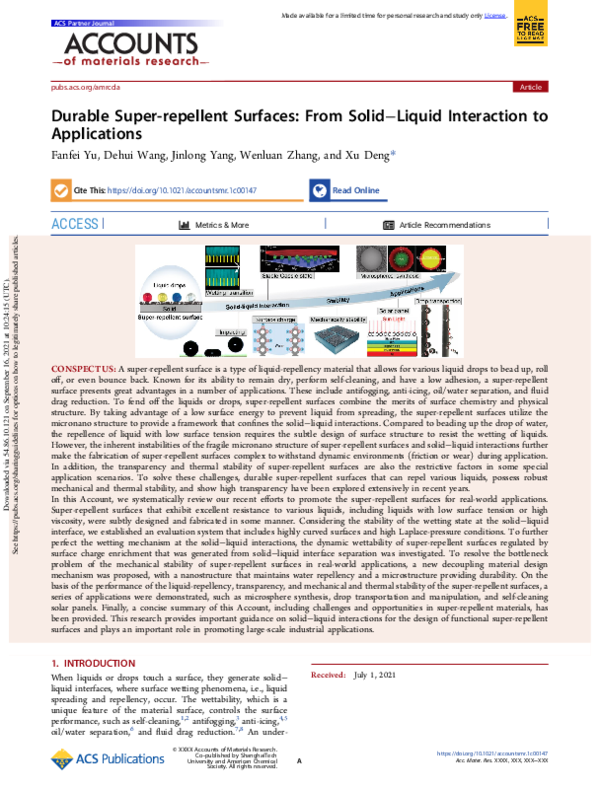 (PDF) Durable Super-repellent Surfaces: From Solid–Liquid Interaction to Applications