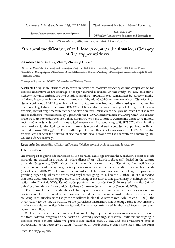 (PDF) Structural modification of cellulose to enhance the flotation efficiency of fine copper ...