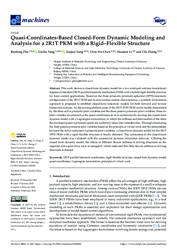 Pdf Quasi Coordinates Based Closed Form Dynamic Modeling And Analysis For A 2r1t Pkm With A