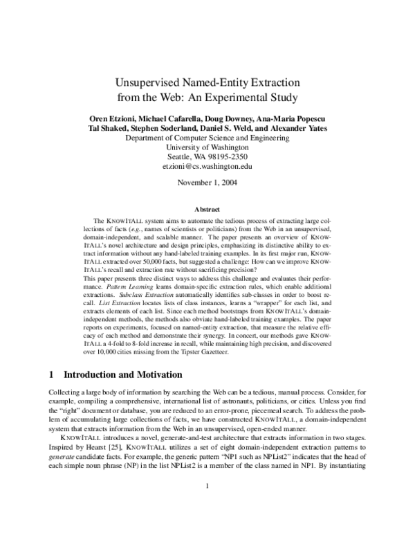 Pdf Unsupervised Named Entity Extraction From The Web An