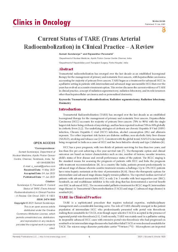 (PDF) Current Status of TARE (Trans Arterial Radioembolization) in Clinical Practice – A Review