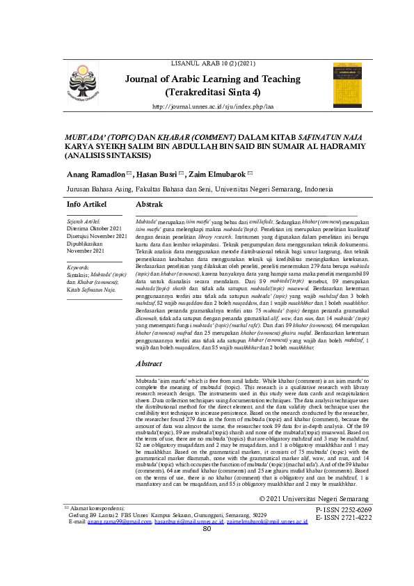 (PDF) Mubtada’ (Topic) Dan Khabar (Comment) Dalam Kitab Safinatun Naja ...