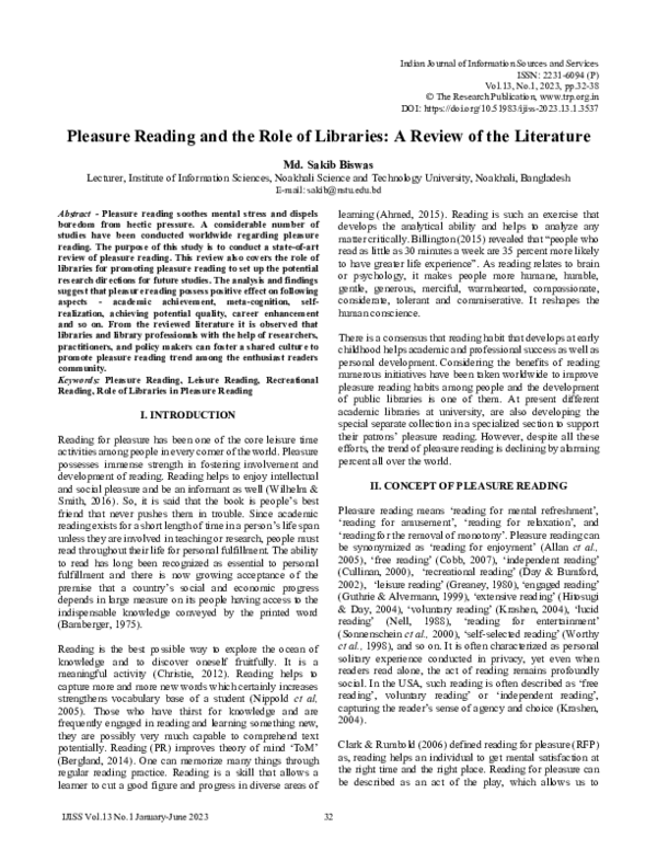 (PDF) Pleasure Reading and the Role of Libraries: A Review of the ...