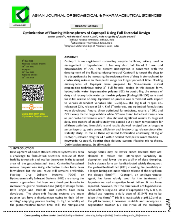 Pdf Optimization Of Floating Microspheres Of Captopril Using Full Factorial Design