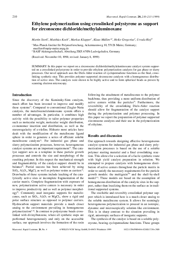 Pdf Ethylene Polymerization Using Crosslinked Polystyrene As Support For Zirconocene