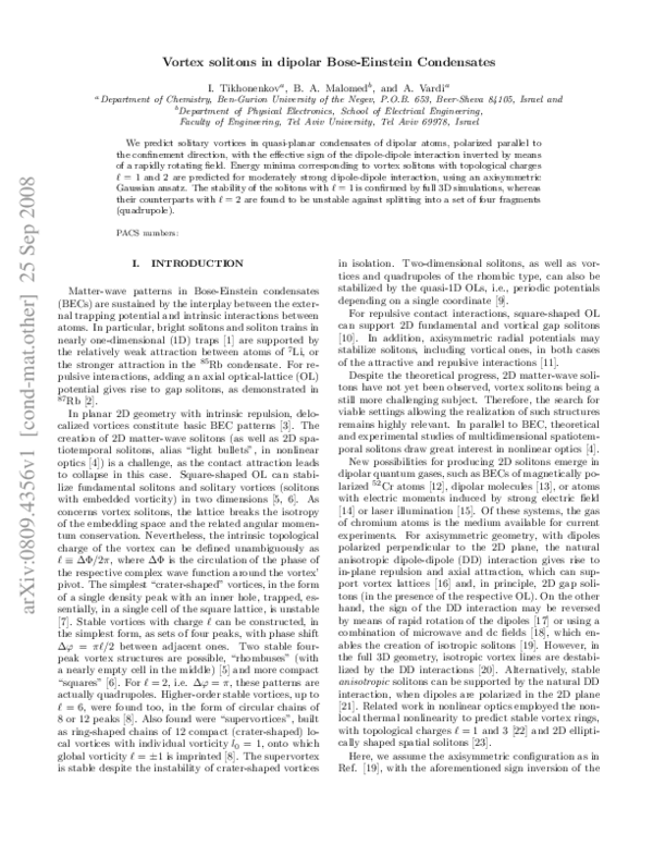 Pdf Vortex Solitons In Dipolar Bose Einstein Condensates Igor Tikhonenkov