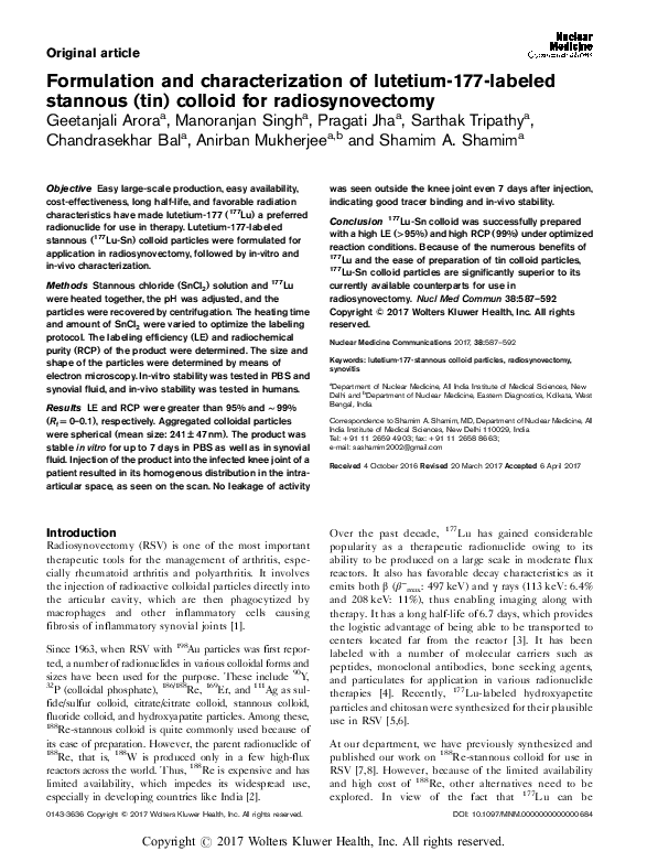 (PDF) Formulation and characterization of lutetium-177-labeled stannous ...