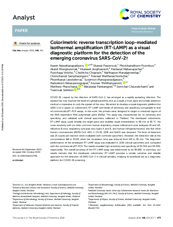 (PDF) Colorimetric reverse transcription loop-mediated isothermal ...