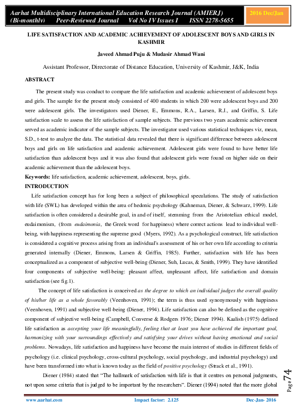 (PDF) Life Satisfaction and Academic Achievement of Adolescent Boys and Girls in Kashmir