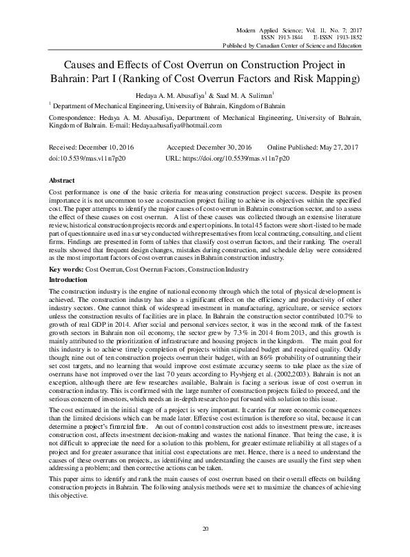 (PDF) Causes and Effects of Cost Overrun on Construction Project in ...