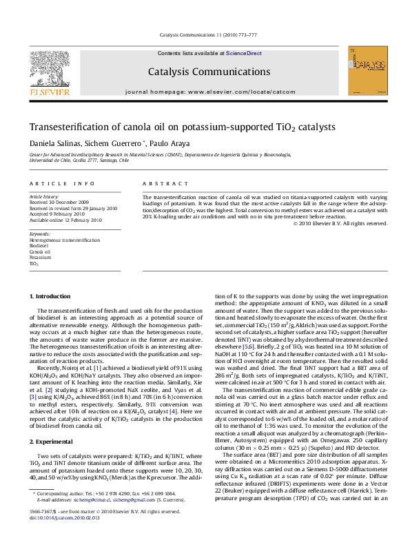 (PDF) Transesterification of canola oil on potassium-supported TiO2 ...