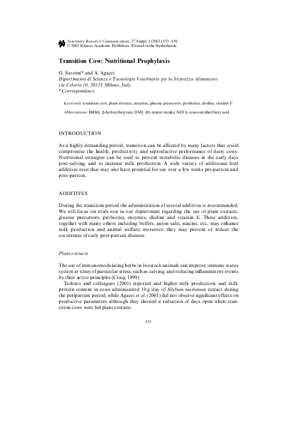 Pdf Transition Cow Nutritional Prophylaxis