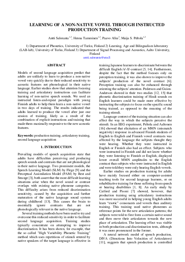 (PDF) Learning of a non-native vowel through instructed production training