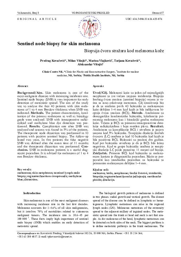 (PDF) Sentinel node biopsy for skin melanoma | Marina Vlajkovic ...