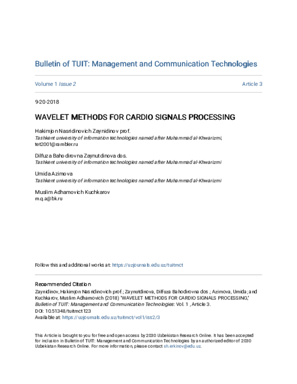 (PDF) Wavelet Methods for Cardio Signals Processing