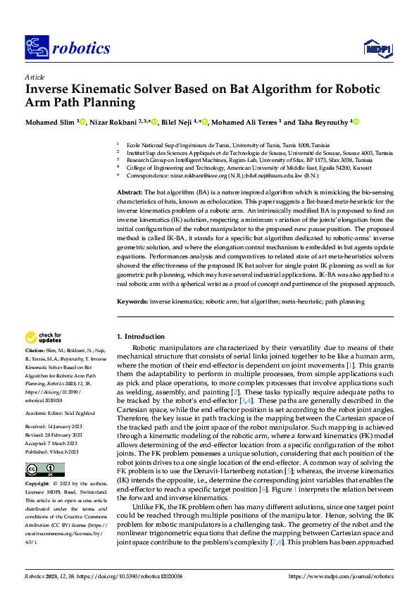 Pdf Inverse Kinematic Solver Based On Bat Algorithm For Robotic Arm Path Planning