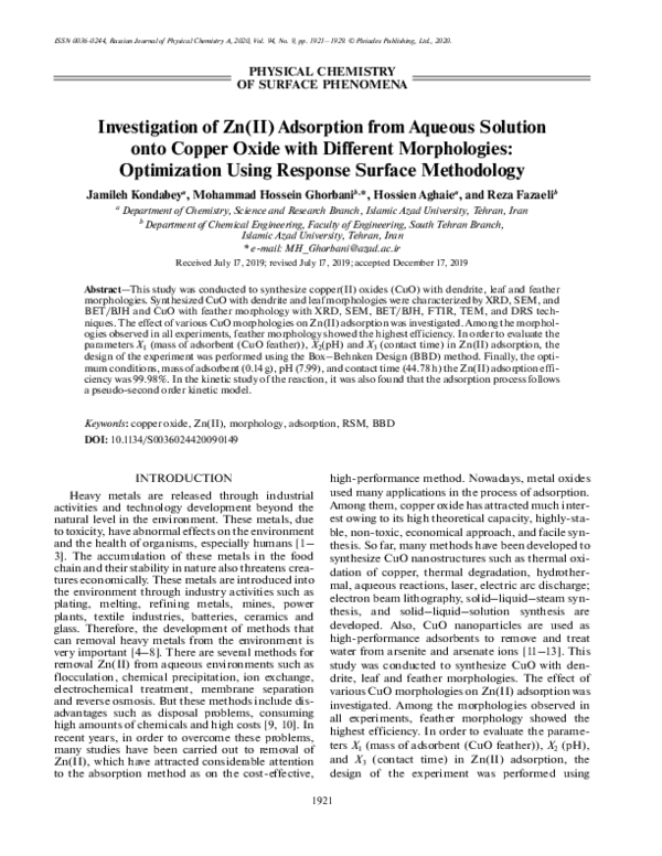 (PDF) Investigation of Zn(II) Adsorption from Aqueous Solution onto Copper Oxide with Different ...