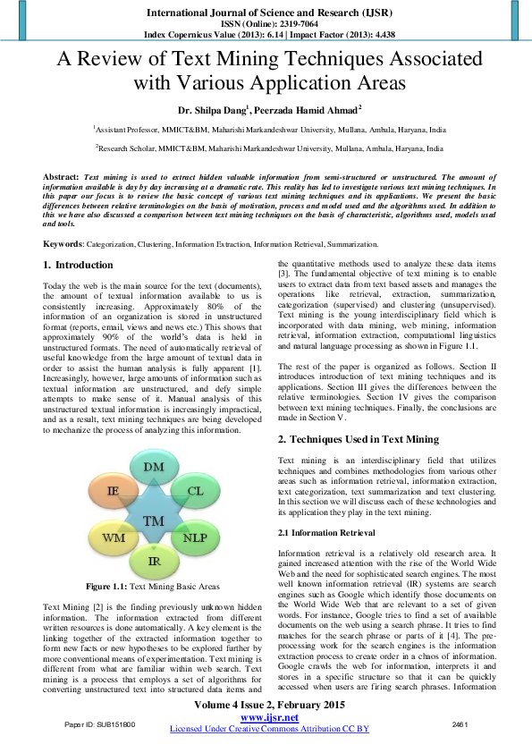 (PDF) A Review of Text Mining Techniques Associated with Various Application Areas