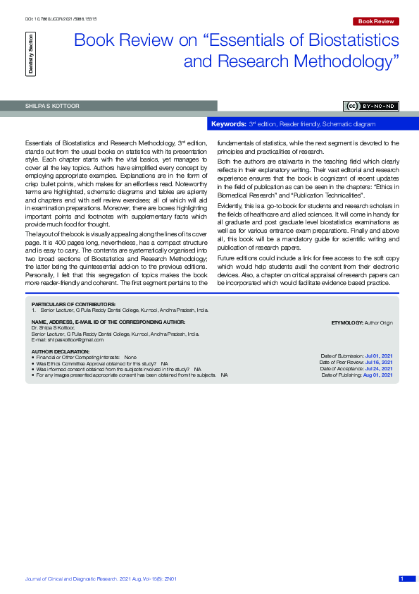 (PDF) Book Review on “Essentials of Biostatistics & Research Methodology”