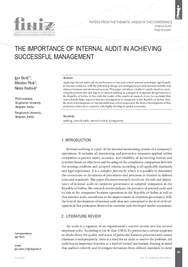 (PDF) The Importance of Internal Audit in Achieving Successful Management