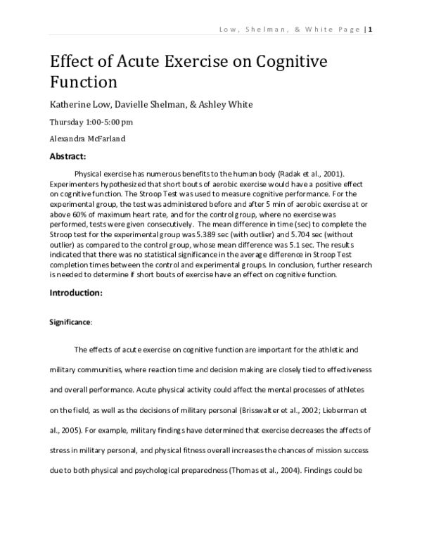 (PDF) Effect of Acute Exercise on Cognitive Function