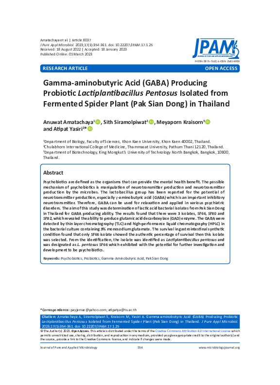 (PDF) Gamma-aminobutyric Acid (GABA) Producing Probiotic Lactiplantibacillus Pentosus Isolated ...