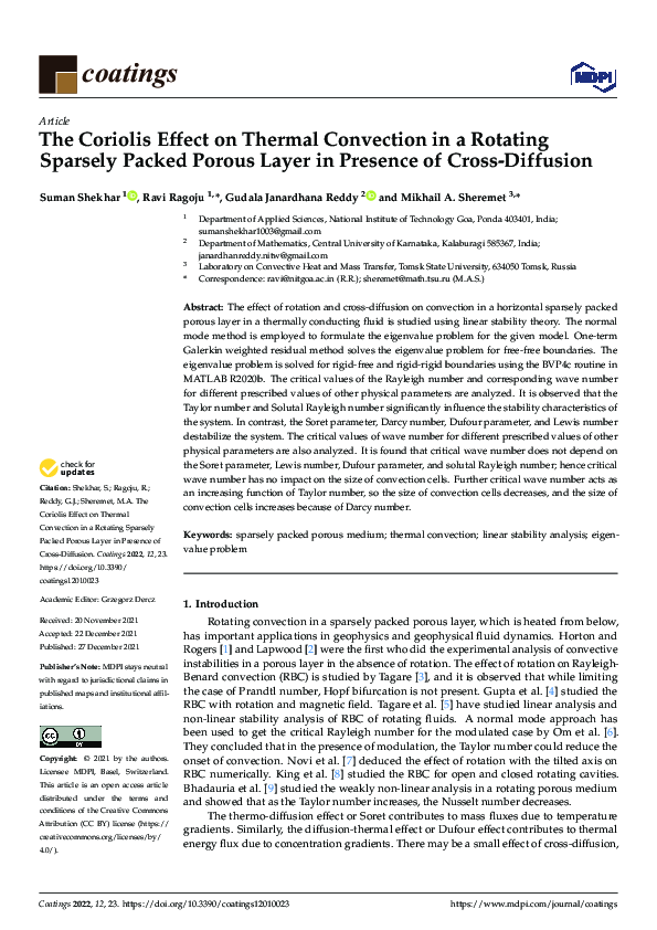 (PDF) The Coriolis Effect on Thermal Convection in a Rotating Sparsely Packed Porous Layer in ...