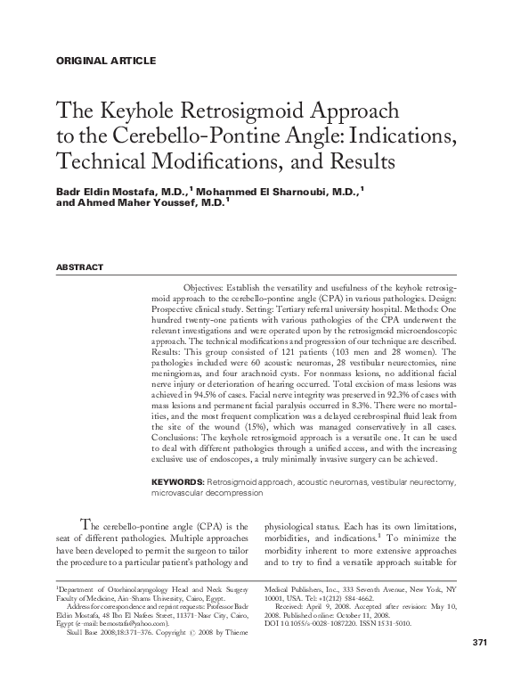 (PDF) The Keyhole Retrosigmoid Approach to the Cerebello-Pontine Angle ...