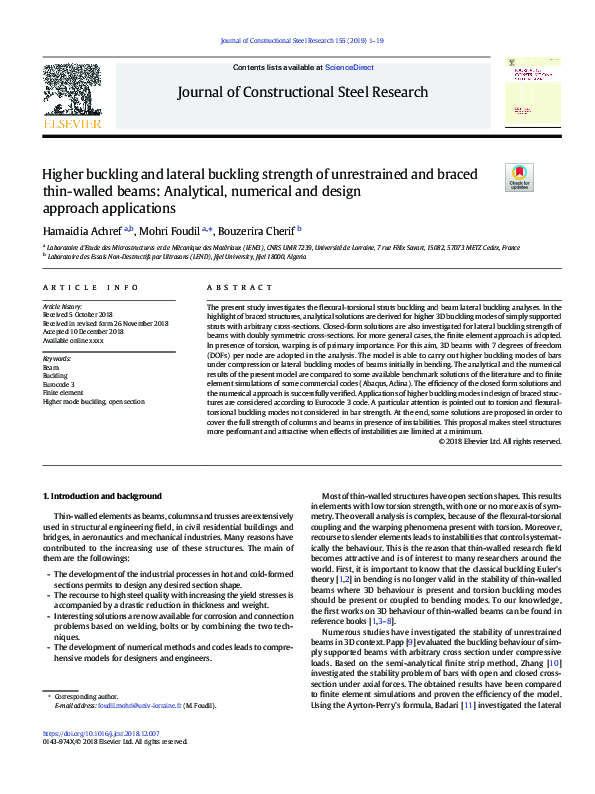 (PDF) Higher buckling and lateral buckling strength of unrestrained and braced thin-walled beams ...