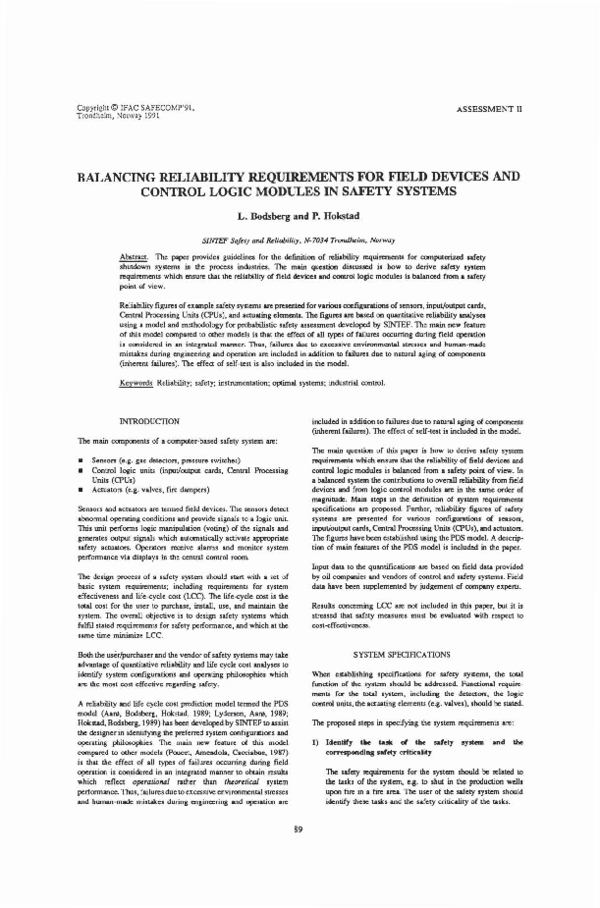 (PDF) Balancing Reliability Requirements for Field Devices and Control ...