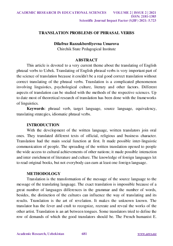 (PDF) Translation Problems of Phrasal Verbs